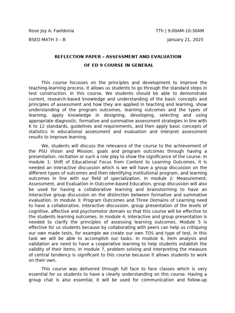 Reflection on ED 9 Assessment Course | PDF | Educational Assessment ...