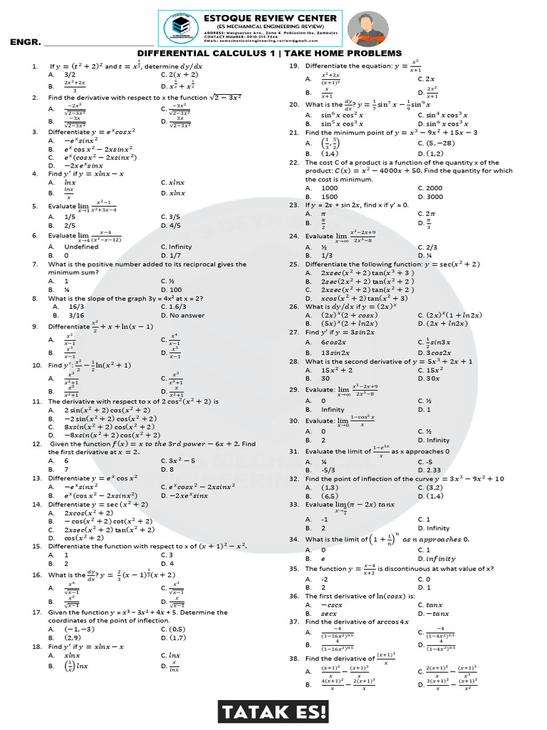 Day 10 - Differential Calculus 1 L Take Home Problems | PDF | Mathematical Physics ...