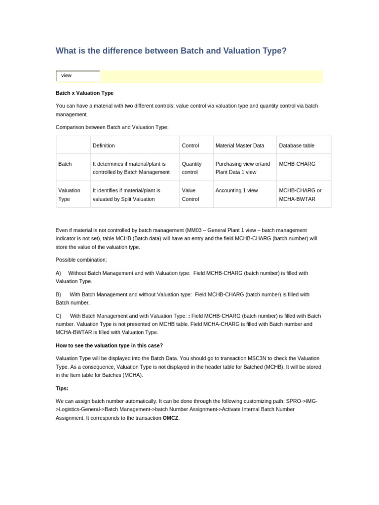 Batch vs Valuation Type in SAP MM | PDF