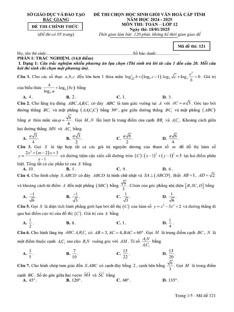 De Chon Hoc Sinh Gioi Toan 12 Cap Tinh Nam 2024 2025 So GDDT Bac Giang | PDF