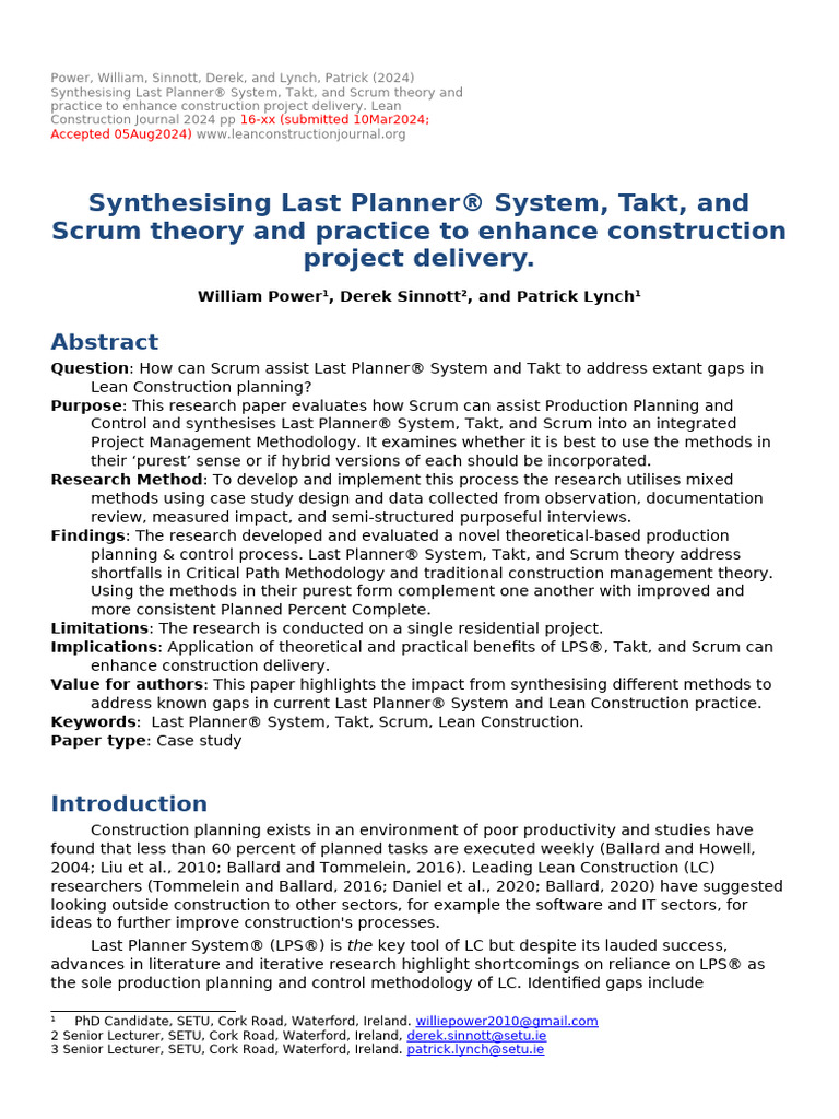 LCJ #24-004 - Synthesising Last Planner® System, Takt, and Scrum theory and practice to enhance ...