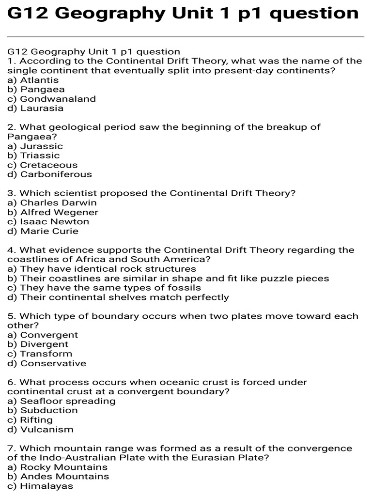 G12 Geography Unit 1 p1 Question | PDF | Plate Tectonics | Earth
