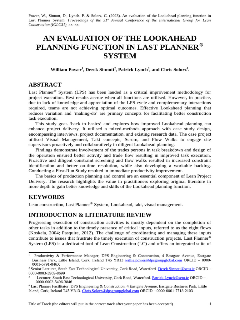 Iglc31 - An Evaluation of The Lookahead Planning Function in Last Planner® System | PDF | Scrum ...