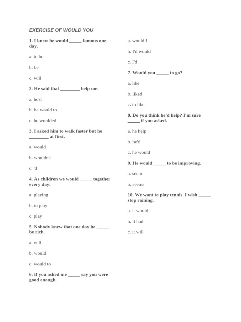 EXERCISE OF WOULD YOU | PDF