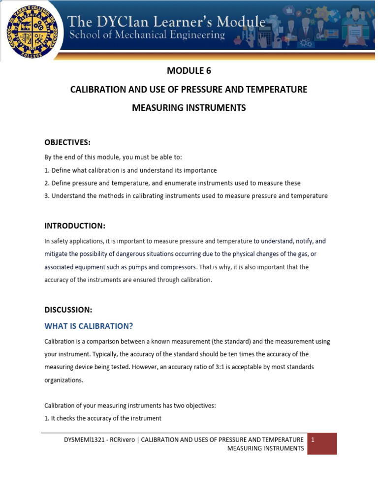 Me Lab 1 Module 6 Calibration and Use of Pressure and Temperature Measuring Instruments | PDF ...