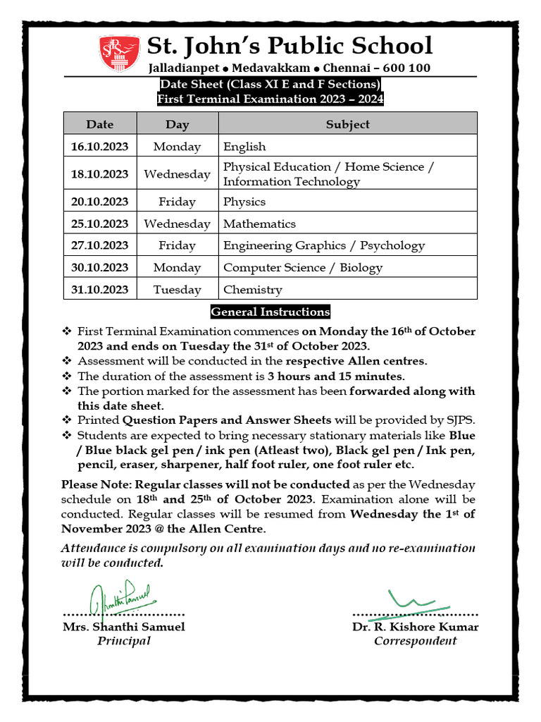 Class XI Exam Schedule | PDF