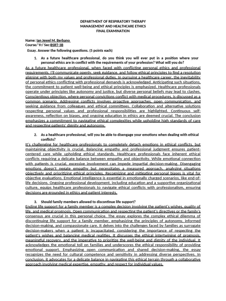 Final Long Examination Essay Writing | PDF | Medical Ethics | Autonomy