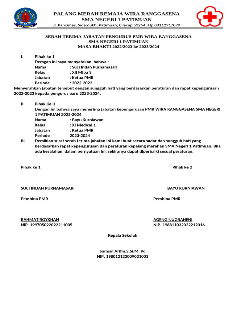 Surat Serah Terima Jabatan PMR | PDF