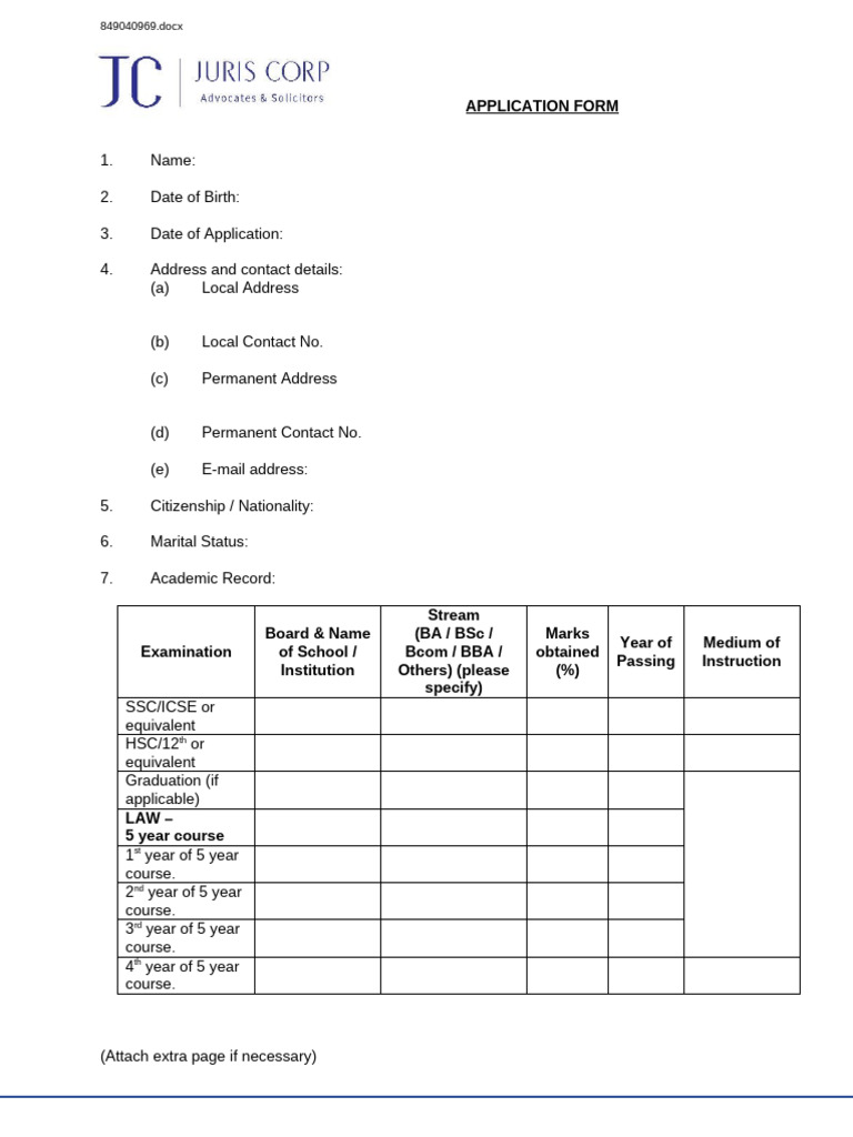 Internship Application Form Template | PDF | Thesis