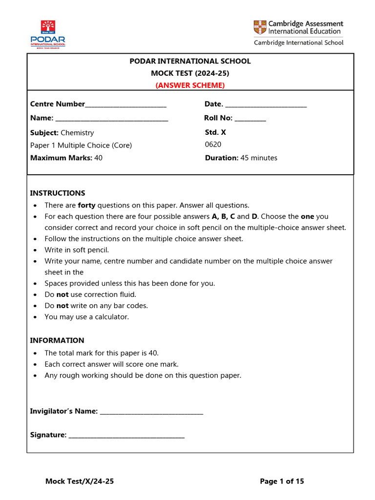 As Cambridge X Chemistry Mock Paper 1 | PDF | Chemical Bond | Ion