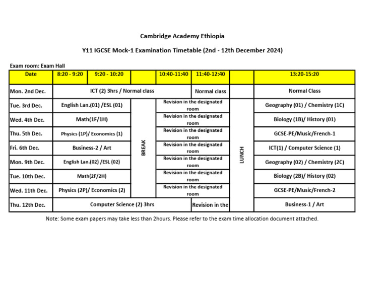 Y11 End of Term 1 Exam Timetable Dec 2024 | PDF