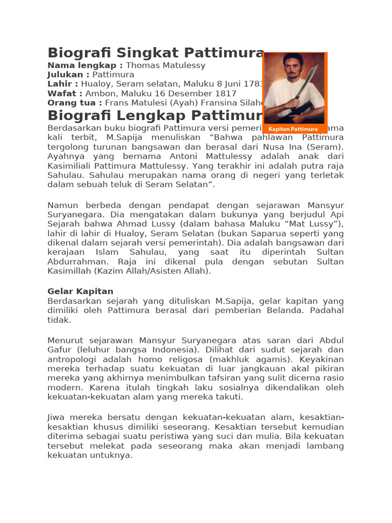 Biografi Singkat Kapitan Pattimura | PDF
