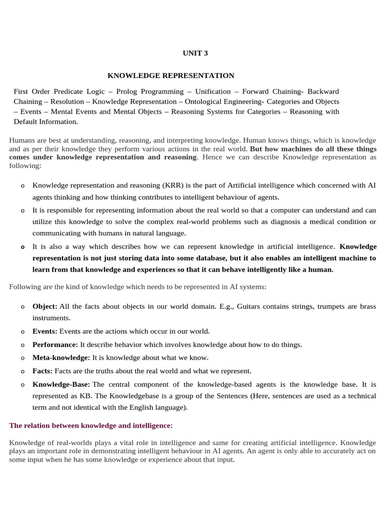 Unit 3 Ai - (Knowledge Representation) | PDF | First Order Logic | Knowledge Representation And ...