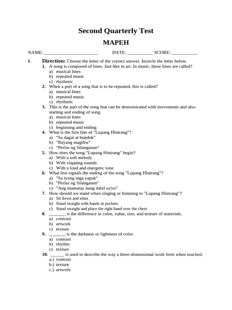 MAPEH Second Quarterly Test Guide | PDF | Musicology