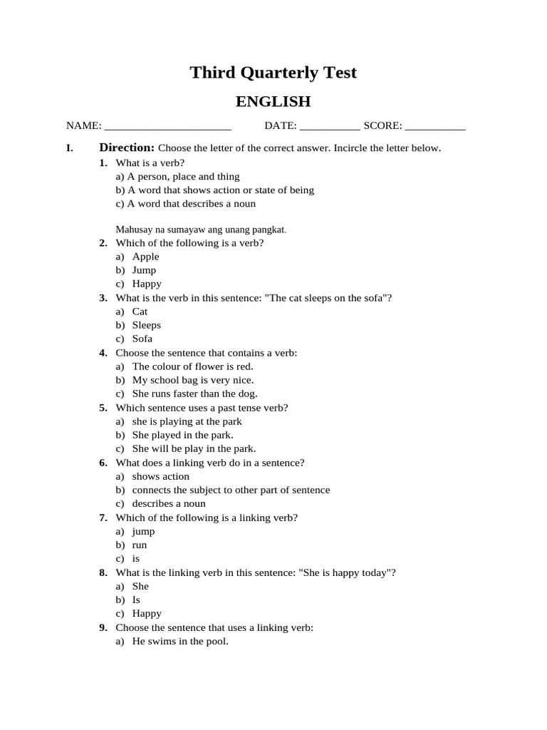 3rd Quarterly Test English Ok | PDF | Verb | Adjective