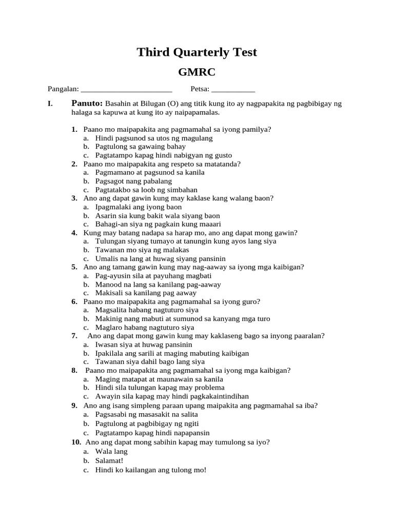 3rd Quarterly Test GMRC Ok | PDF