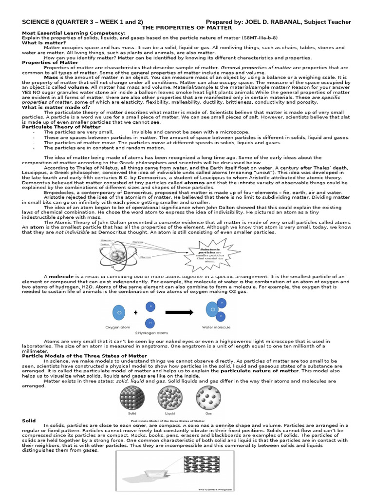 SCIENCE Q3 WEEK 1&2 | PDF | Gases | Matter SCIENCE Q3 WEEK 1&2 | PDF | Gases | Matter