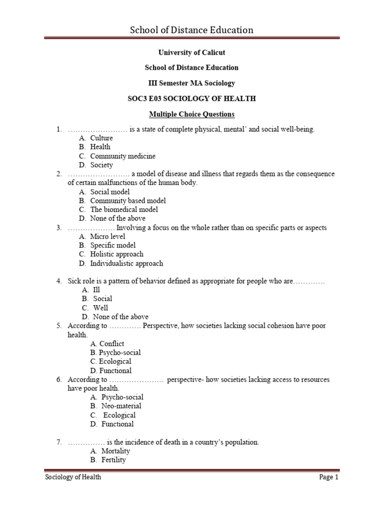 MCQ-Sociology of Health-SFH | PDF | Health Care | Epidemics