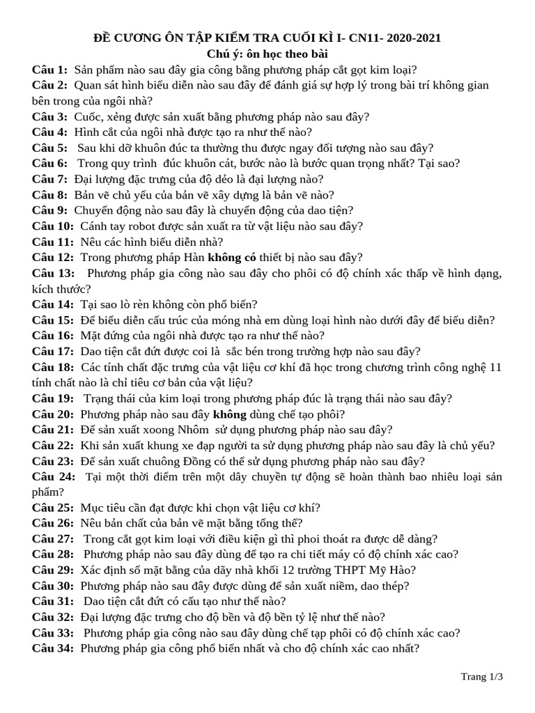 ĐÊ CƯƠNG CUỐI KÌ I- CN12 | PDF