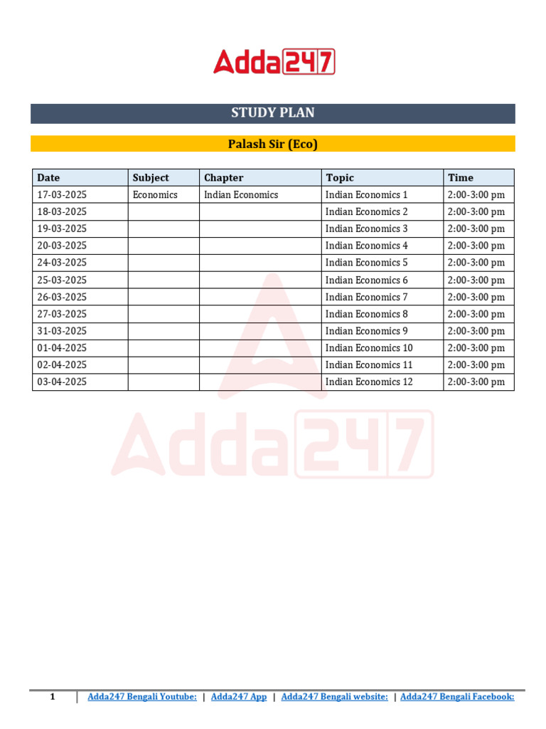 Study Plan: Palash Sir (Eco) | PDF