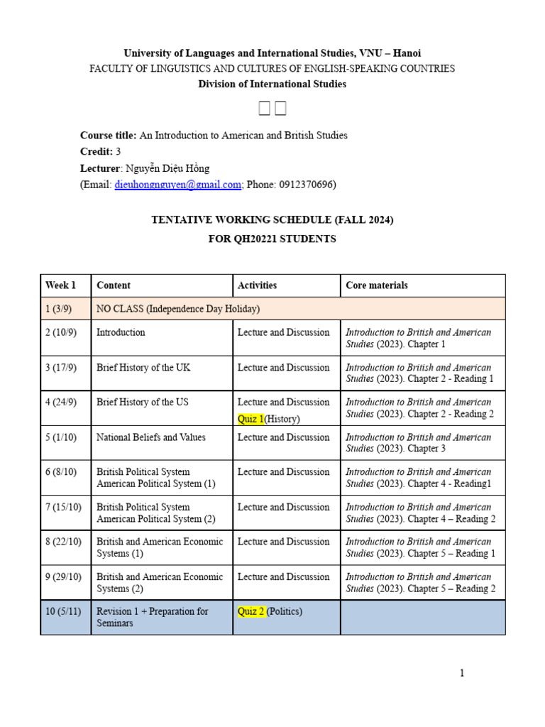 Tentative Working Schedule (Fall 2024) | PDF