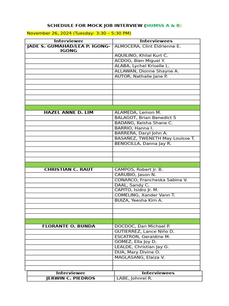 Humss A B Schedule For Mock Job Interview | PDF