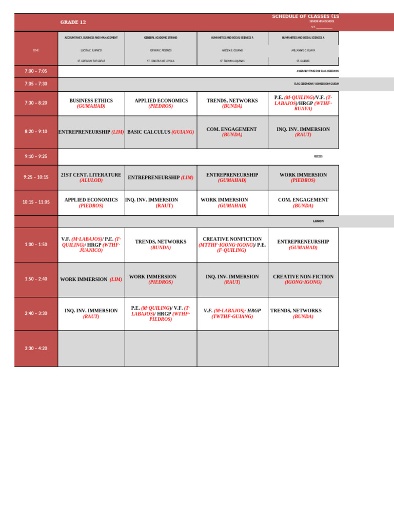 2nd Sem Final Shs Class Schedule 2024 2025 Copy | PDF | Science