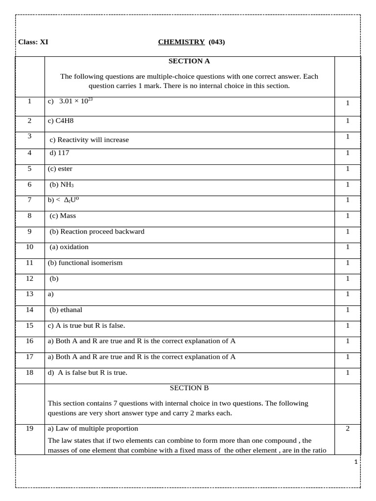 Class Xi-Chem - Sample Paper - Answer Key | PDF | Chemical Bond | Atoms