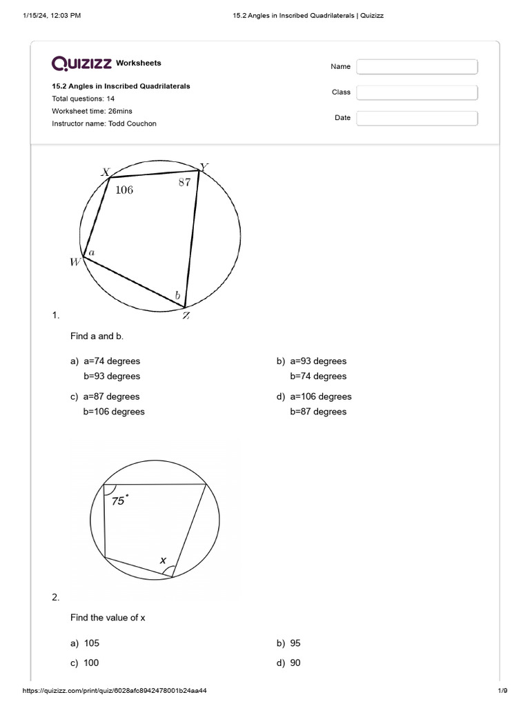 15.2 Angles in Inscribed Quadrilaterals - Quizizz | PDF | Angle | Euclid