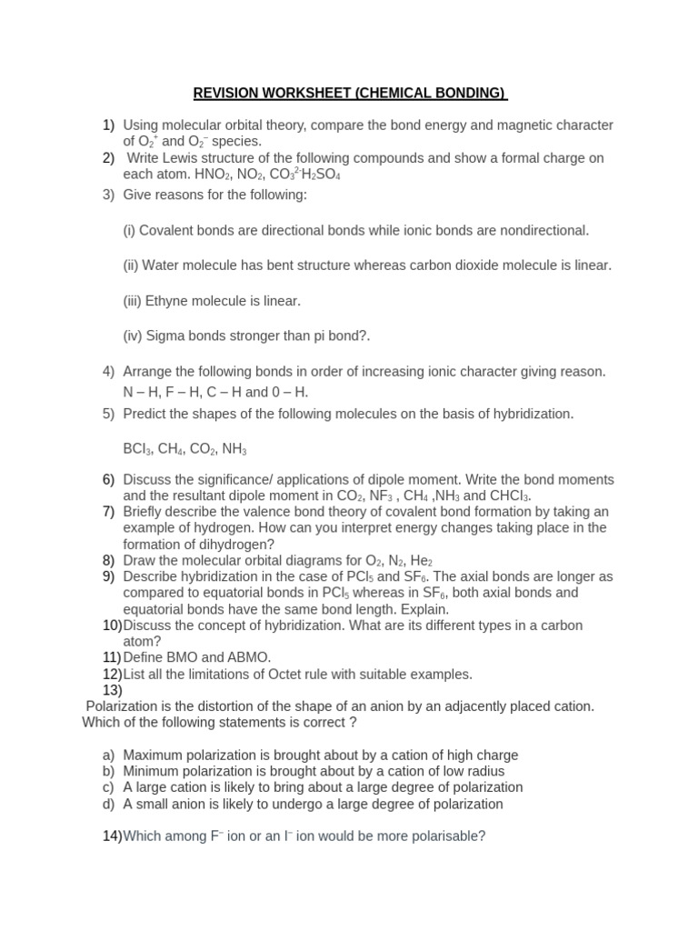 Chemical Bonding Revision Worksheet | PDF | Chemical Bond | Covalent Bond