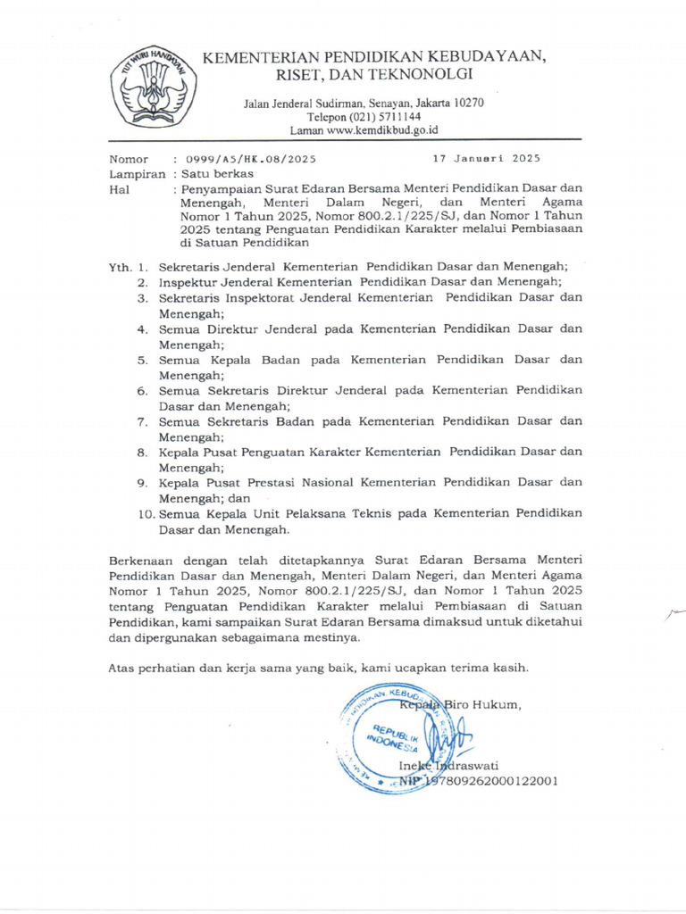 Se Nomor 1 Tahun 2025 Tentang Penguatan Pendidikan Karakter Melalui Pembiasaan Di Satuan ...