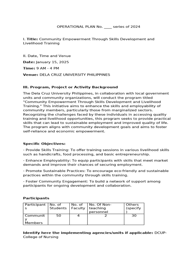EXAMPLE-Operational Plan Livelihood Training | PDF | Economies