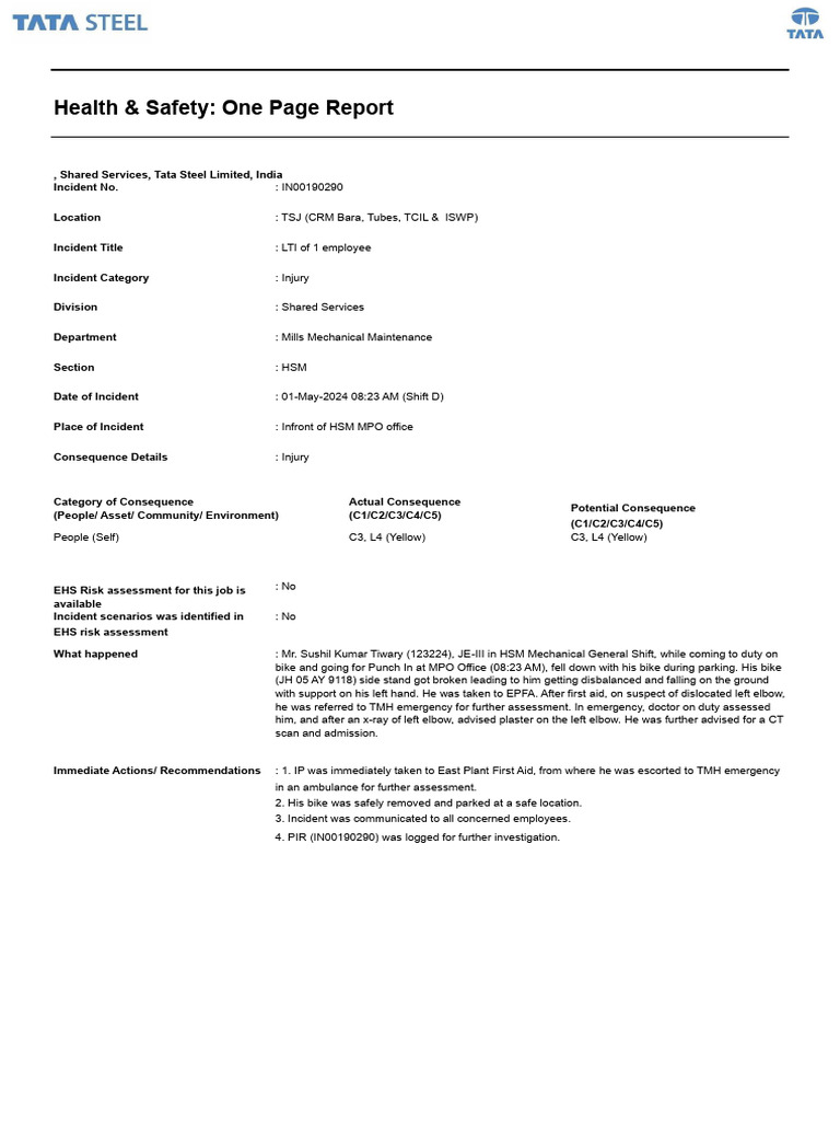 LTI of TSL Employee - HSM - 01-05-2024 | PDF | Occupational Safety And ...