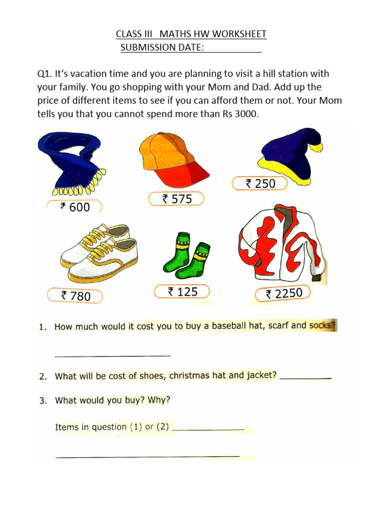CBSE Class 3 Mathematics Worksheet (28) - Money | PDF
