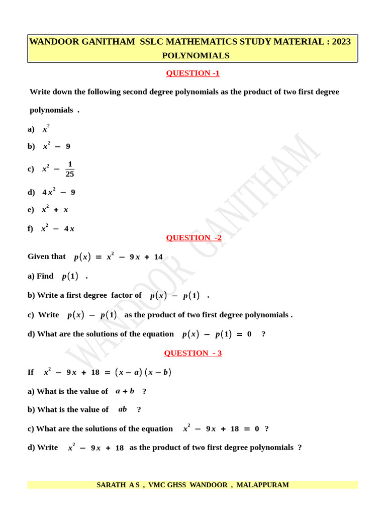 SSLC Mathematics Polynomials Study Guide | PDF | Polynomial ...