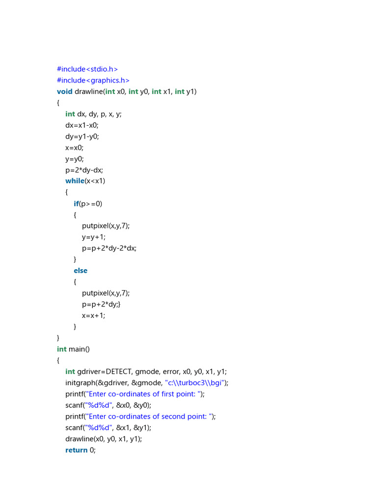 Bresenham's Line Drawing Algorithm Code | PDF
