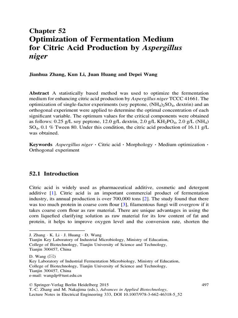 0124 Chapter 52 Optimization Of Fermentation Medium For Citric Acid Production By Aspergillus