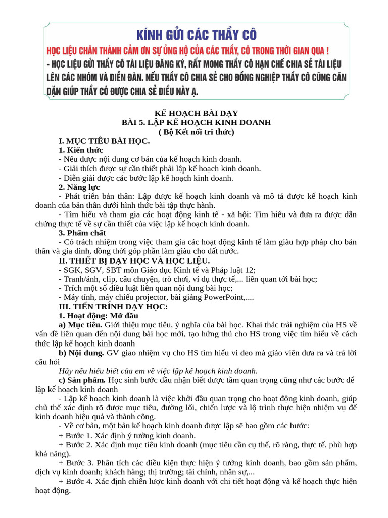 2 - KNTT - K12 - Bài 5 - Lập kế hoạch kinh doanh | PDF