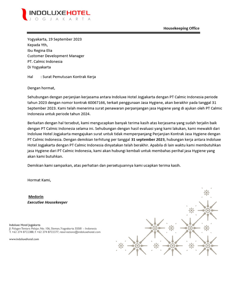 Surat Pemutusan Kontrak PT Calmic Indonesia | PDF