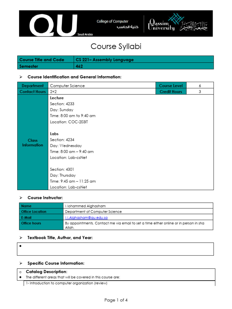 CS 221 Assembly Language Course Syllabus | PDF | Assembly Language ...