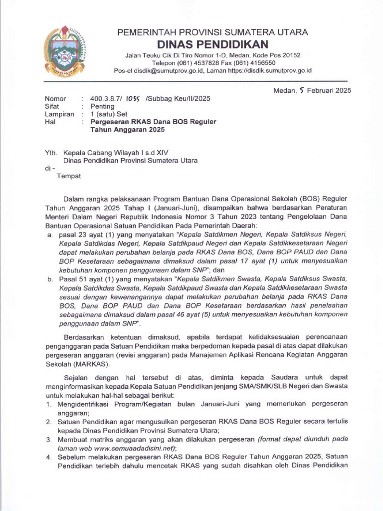 Surat Pergeseran RKAS Dana BOS Reguler TA 2025 | PDF