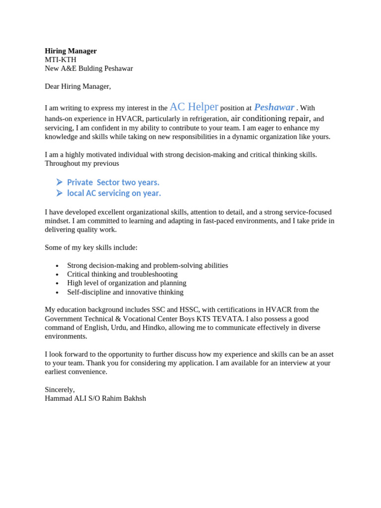 Cover Letter AC Helper | PDF