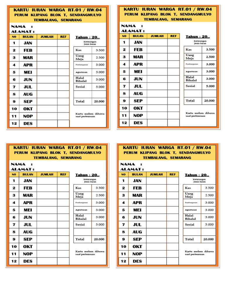 Kartu Iuran Warga RT 2025 | PDF