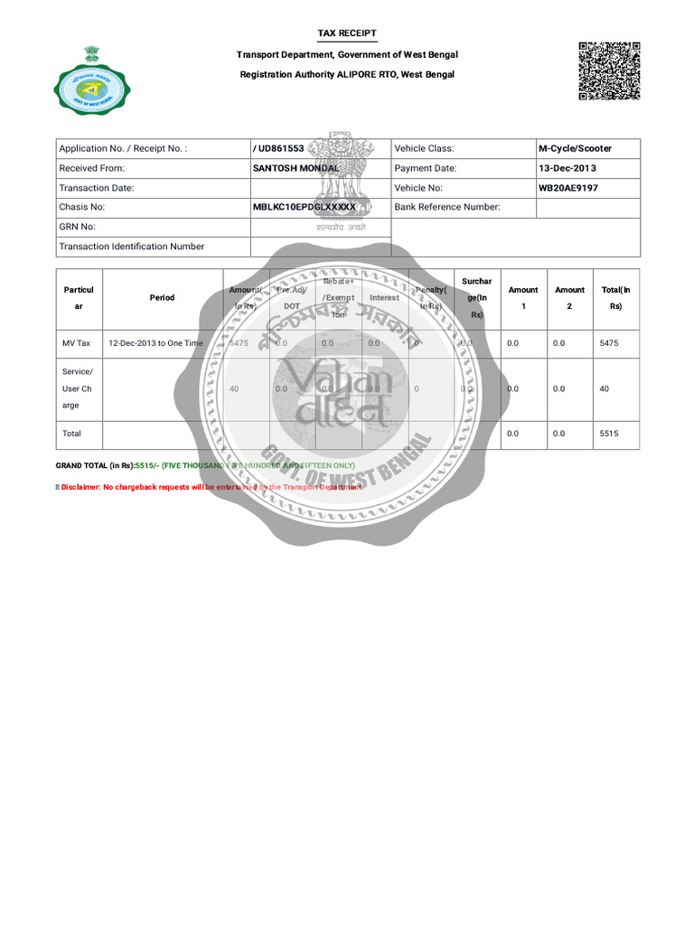 West Bengal Vehicle Tax Receipt | PDF