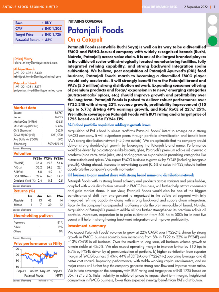 PATANJALIN Initiating Coverage Patanjali Foods On A Catapult BU | PDF ...