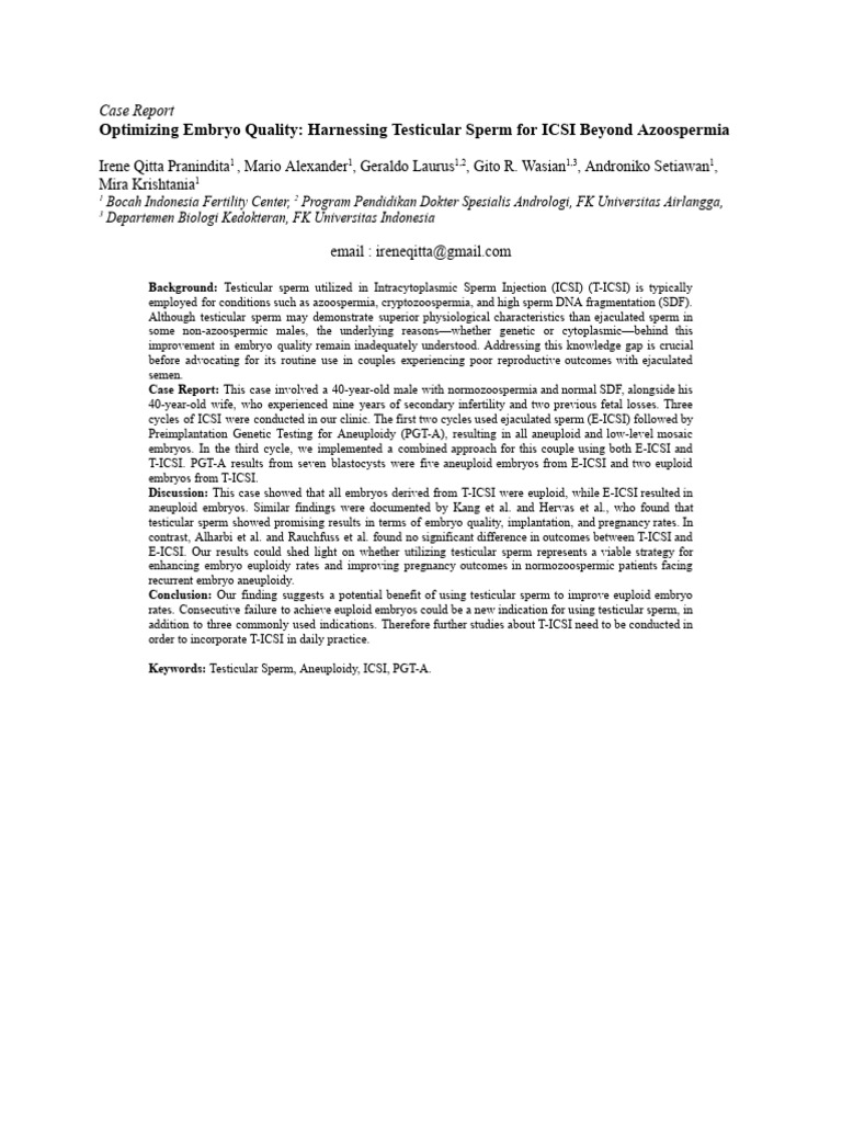 Full Paper Case Report TESA Sperm Euploidy | PDF | In Vitro ...