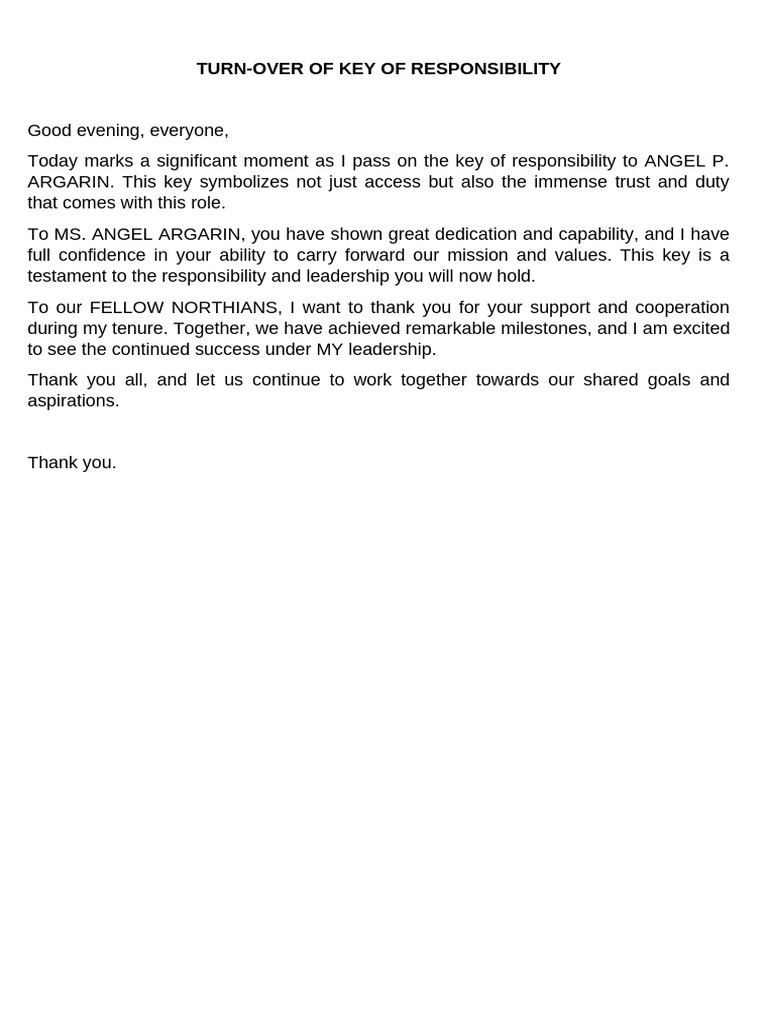 Key of Responsibility Turnover Speech | PDF