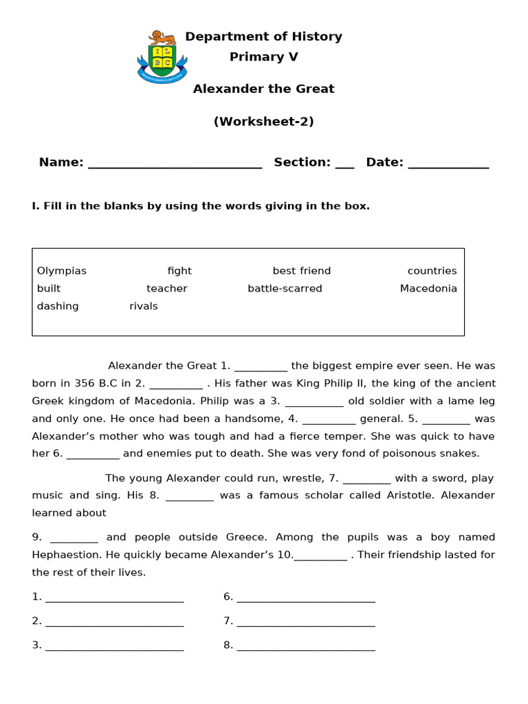 Alexander the Great Worksheet | PDF