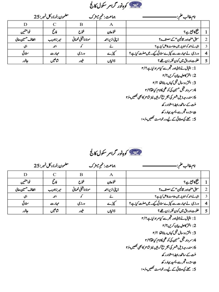 9th urdu assessment 2024 | PDF