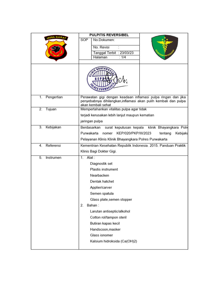 SOP Perawatan Pulpitis Reversibel | PDF